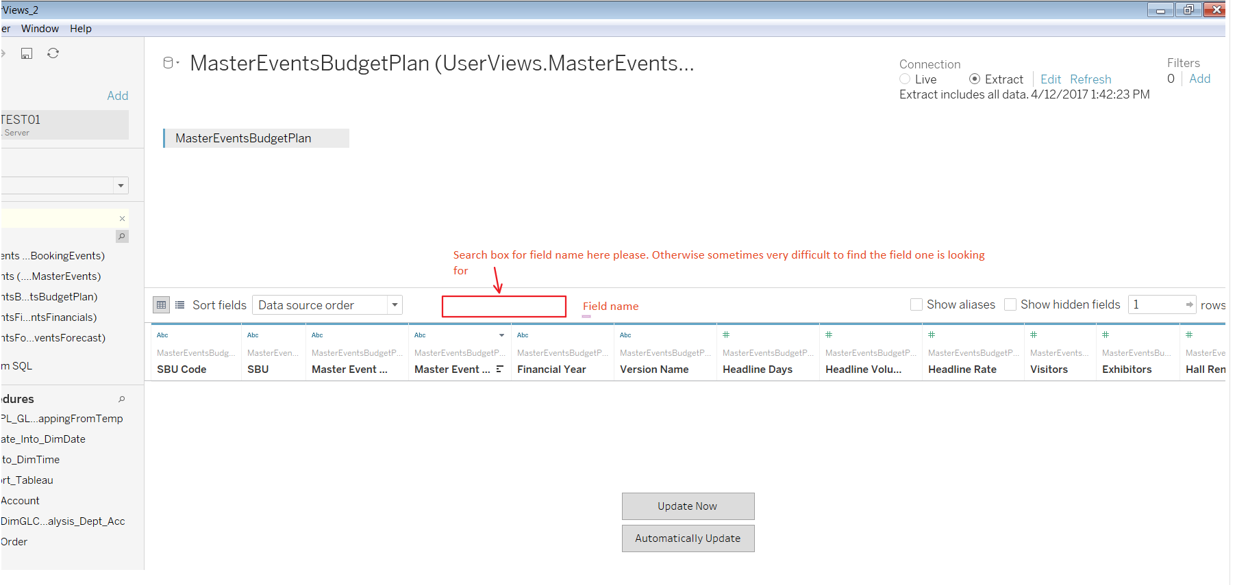 Idea A Search Box In The Datasource Connection Sheet So That We Can Find The Fields E